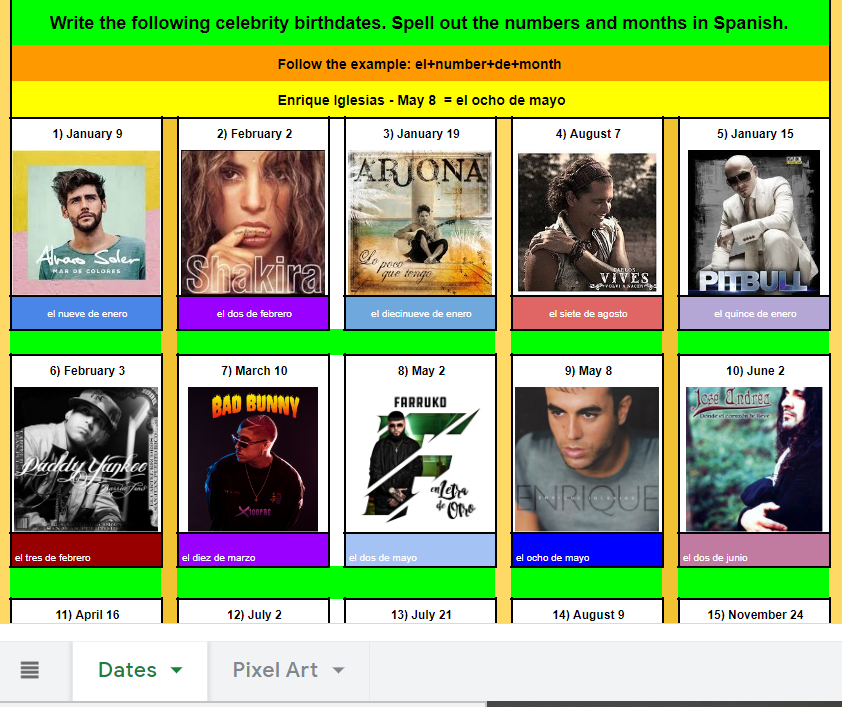 Pixel Art: Spanish Dates (celebrity birthdates) - Mi Clase Divertida