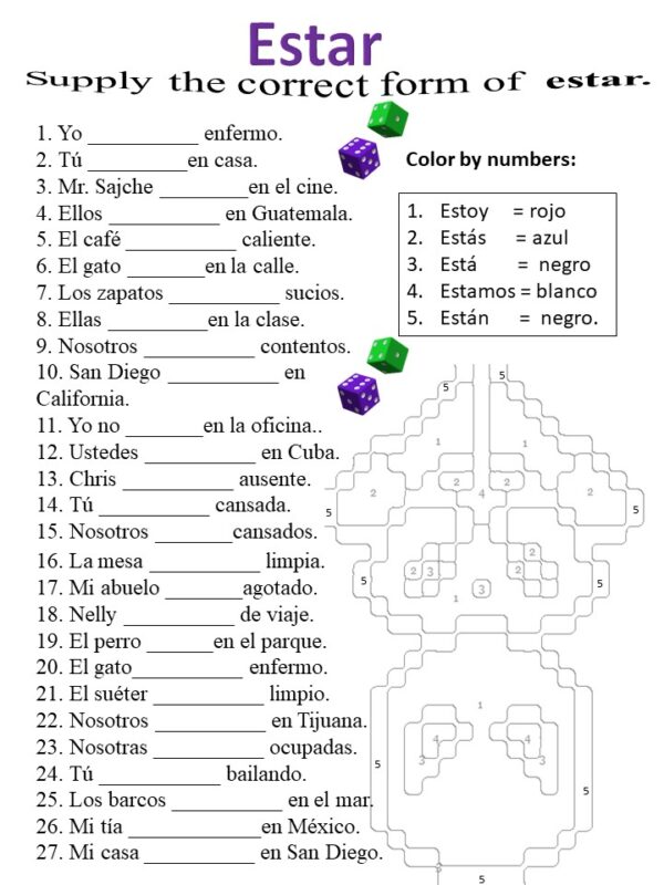 Estar worksheet (color by numbers) - Mi Clase Divertida